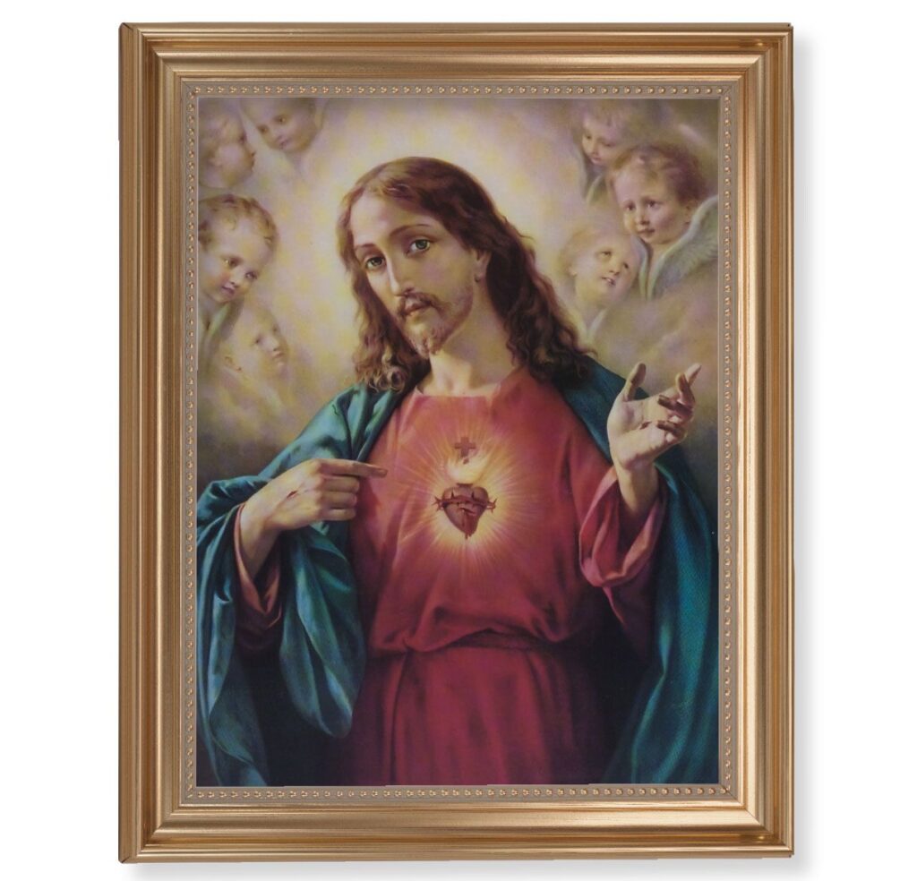 11x14 Inch Gold Frame Sacred Heart of Jesus with Angels - My Scriptorium