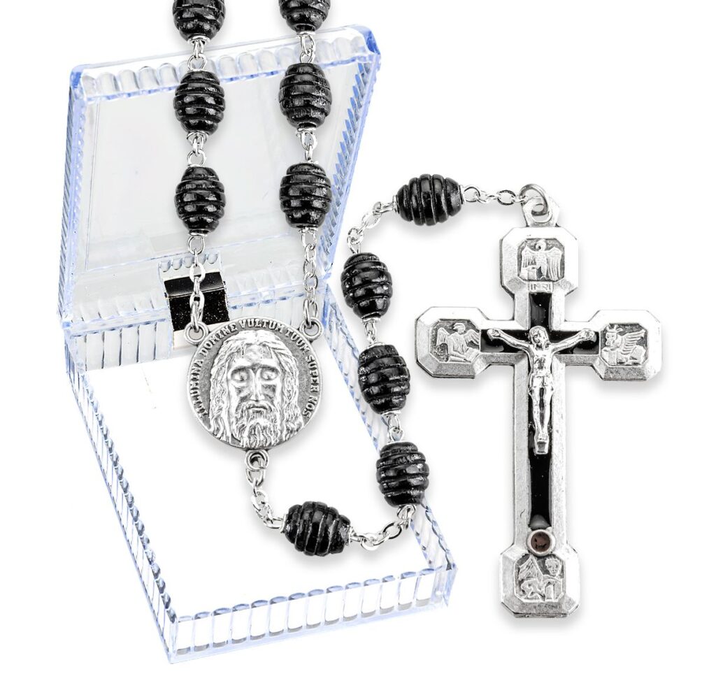 7mm Black Wood Carved Beads Holy Face Rosary - My Scriptorium